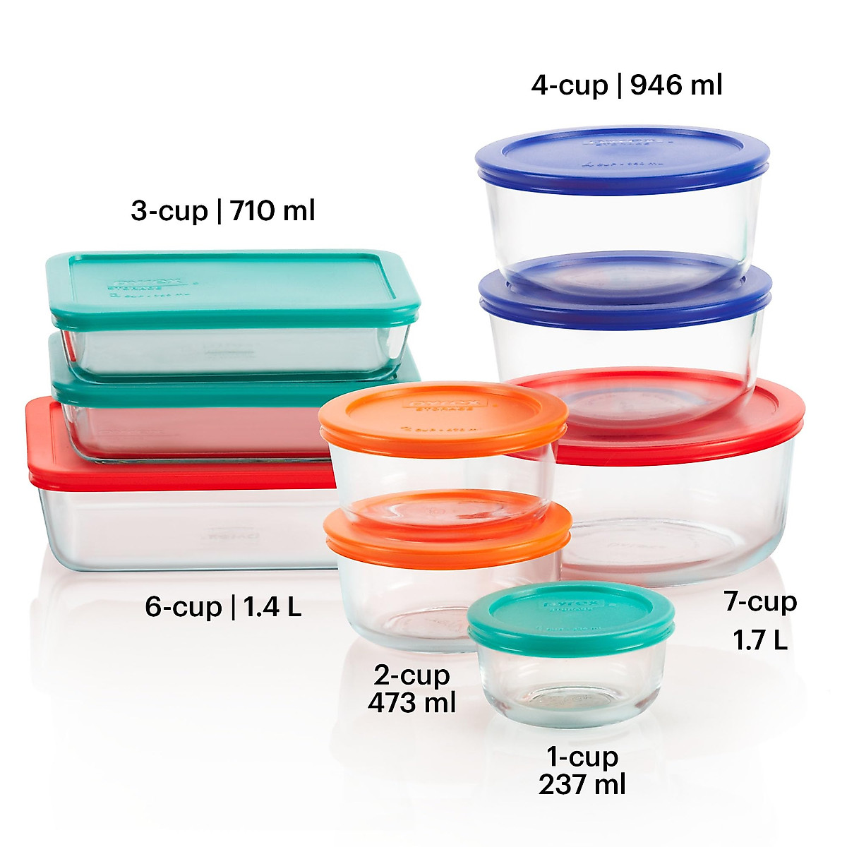 Pyrex Simply Store 18-Pc Glass Food Storage Containers Set, Round & Rectangle Glass Storage Containers with Lid, BPA-Free Lids, Non-Pourous Glass, Dishwasher, Microwave, Fridge and Freezer Safe