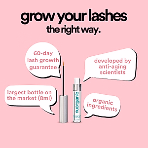 nuorganic Lash Growth Serum - Thicker + Longer + Stronger Eye Lashes in 30 Days - Natural + Vegan + Cruelty Free - As Seen on Tiktok! Extra Large Bottle + 3 Month Supply - 0.3 fl Oz / 8ml