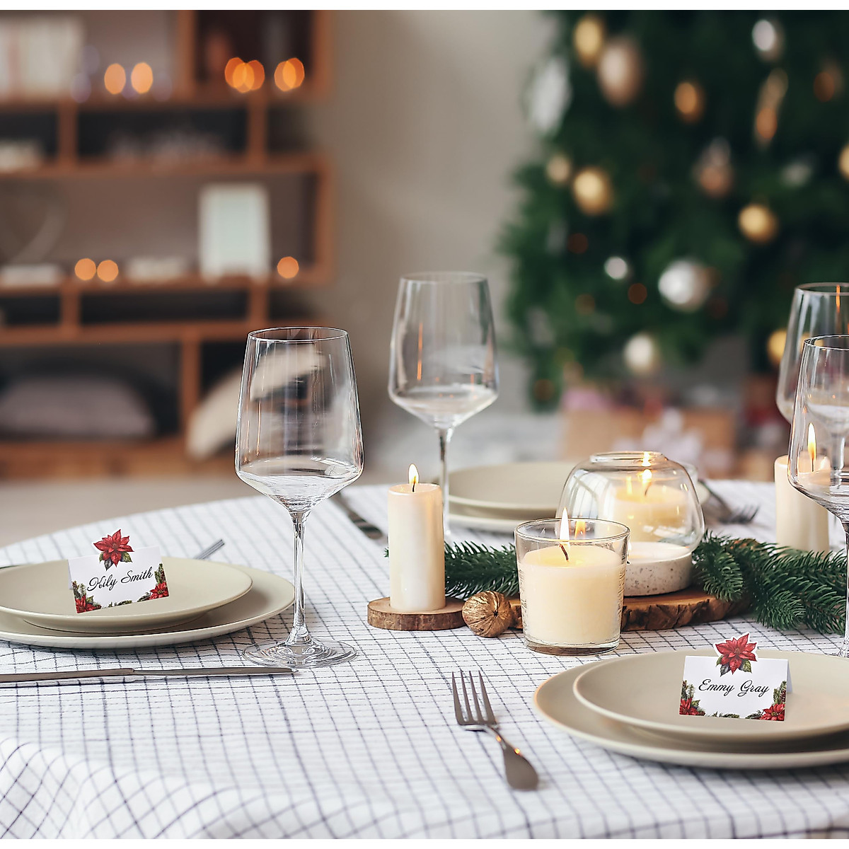 100 Pack Christmas Place Cards Holiday Seating Name Card Die Cut Xmas Poinsettia Flower Table Setting Folded Paper Tent Cards for Winter Dinner Wedding Tables Placement Party Decorations 2" x 3.5"