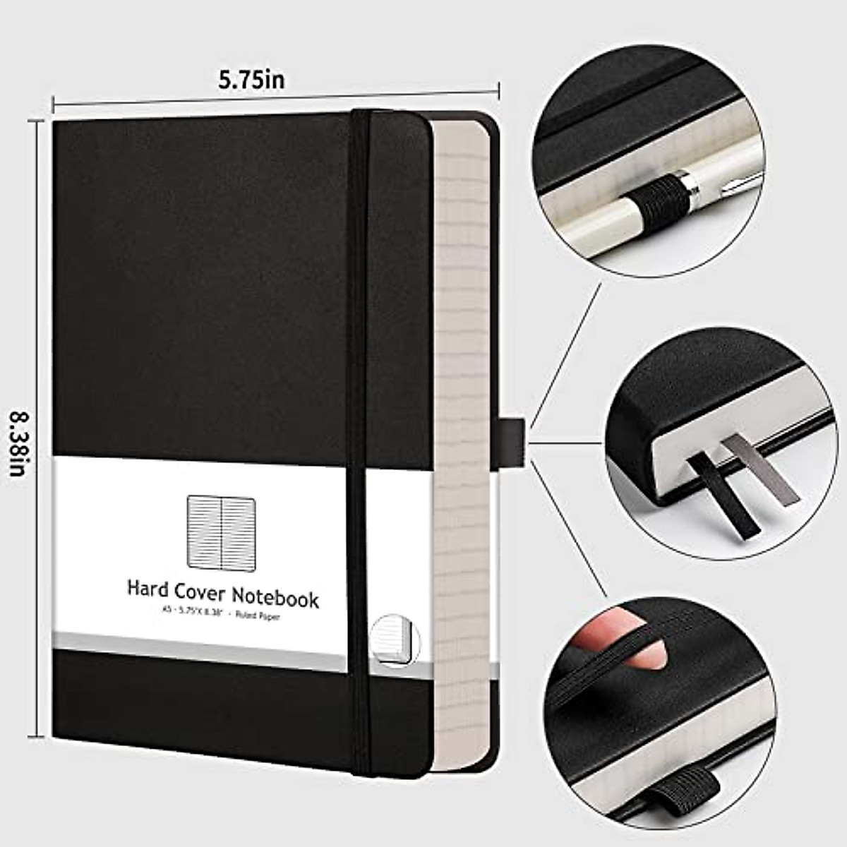 AHGXG Thick Journal Lined Notebook - 320 Numbered Pages Journal for Writing A5 Notebook College Ruled, 100gsm Lined Paper, Leather Hardcover, for Women Men Work Office School, 5.75'' X 8.38''-Black