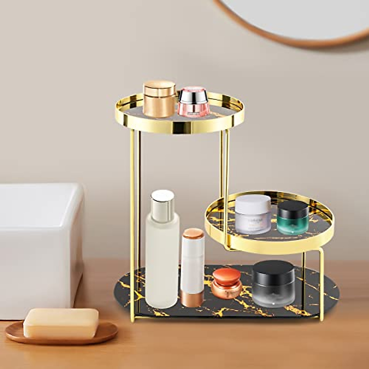 Bathroom Vanity Countertop Organizer - 3 Tier Makeup Counter Organizer Small Tiered Trays with Mirror Glass Trays for Home and Kitchen (Black Gold)