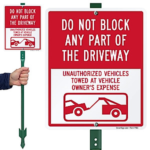 SmartSign 12" x 10" 'Do Not Block Any Part Of The Driveway Unauthorized Vehicles Towed' LawnBoss Yard Sign with 3 ft Stake, 40 mil Laminated Aluminum, Red and White, Set of 1, USA-Made