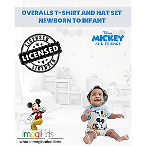 Disney Mickey Mouse Newborn Baby Boys Short Overalls T-Shirt and Hat 3 Piece Outfit Set Khaki/Blue 6-9 Months