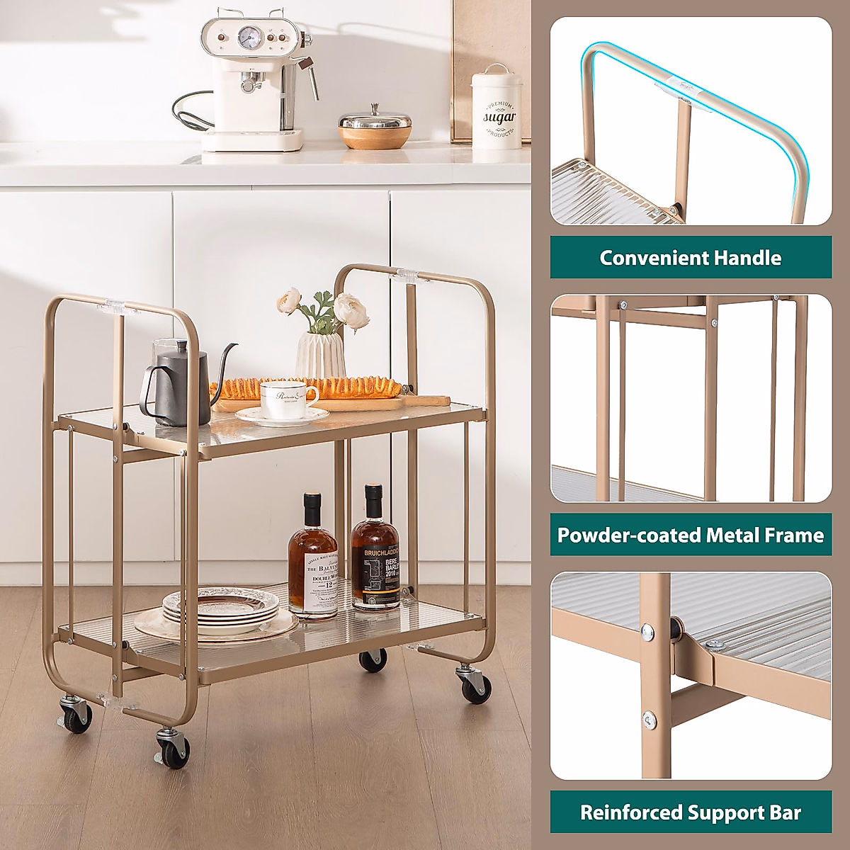 LOKO 2-Tier Foldable Bar Cart on Wheels, Mobile Home Bar & Serving Cart with Tempered Glass Shelf, Rolling Kitchen Island Cart with Powder-Coated Metal Frame, for Dining Room Living Room, Rose Gold