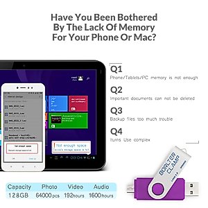 BorlterClamp 128GB USB 3.0 Flash Drive Dual Port Memory Stick, OTG Swivel Pen Drive with Micro USB Drive Port for Android Smartphone Tablet & Computer (Purple)