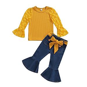Durveency Kids Toddler Clothes Set Baby Girls Mesh Long Sleeve Shirt and Flared Denim Pants Spring Fall Winter 2pcs Outfits Clothing (Yellow , 4-5T )