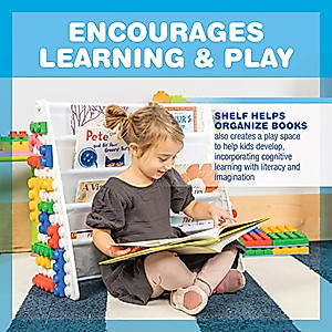 UNiPLAY Kids 4-Tier Book Storage Organizer with Sling Book Pockets, Plastic Sling Rack Bookshelf for Playroom, Fits Blocks, White