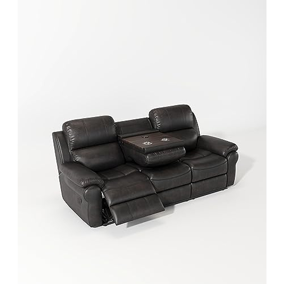 FANYE Breathable Leather Upholstered Power Motion 3 Seaters Sofa Couch W/USB Port, Wireless Charger,Stainless Steel Cupholders,Drop Down Table,2 Recliner Chaises and Magazine Bag, 85", Espresso