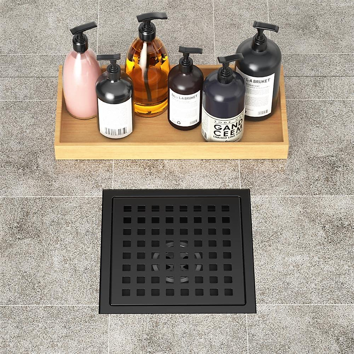 Bmvlffs Square Shower Floor Drain, Bmvlffs 6 Inch Matte Black, Brushed SUS 304 Stainless Steel with Removable Quadrato Patten Grate, Flange Includes Hair Strainer