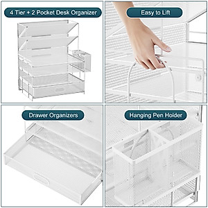 Marbrasse Desk Organizer with Drawer, 4-Tier File Organizer Paper Tray with 2 Pockets File Holder and Pen Holder, Mesh Desk Organizers and Accessories, Desktop Organizer for Home Office (White)