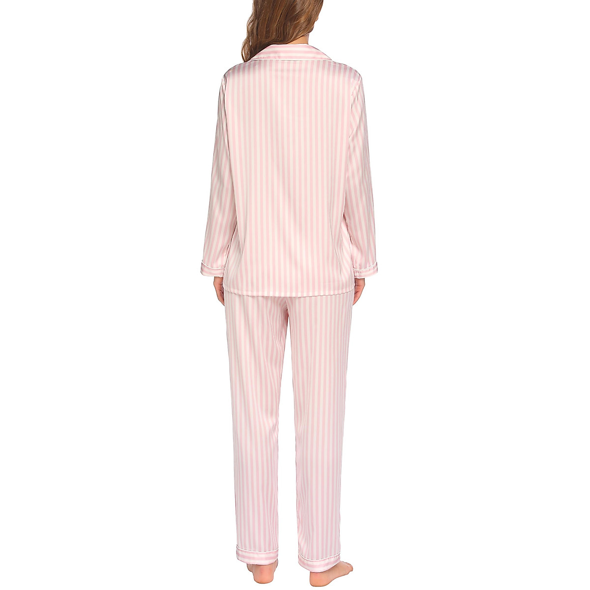 Ekouaer Silk Satin Pajamas Women's Long Sleeve Pj Set Soft Button Down 2 Piece Sleepwear Loungewear Pink Striped,M