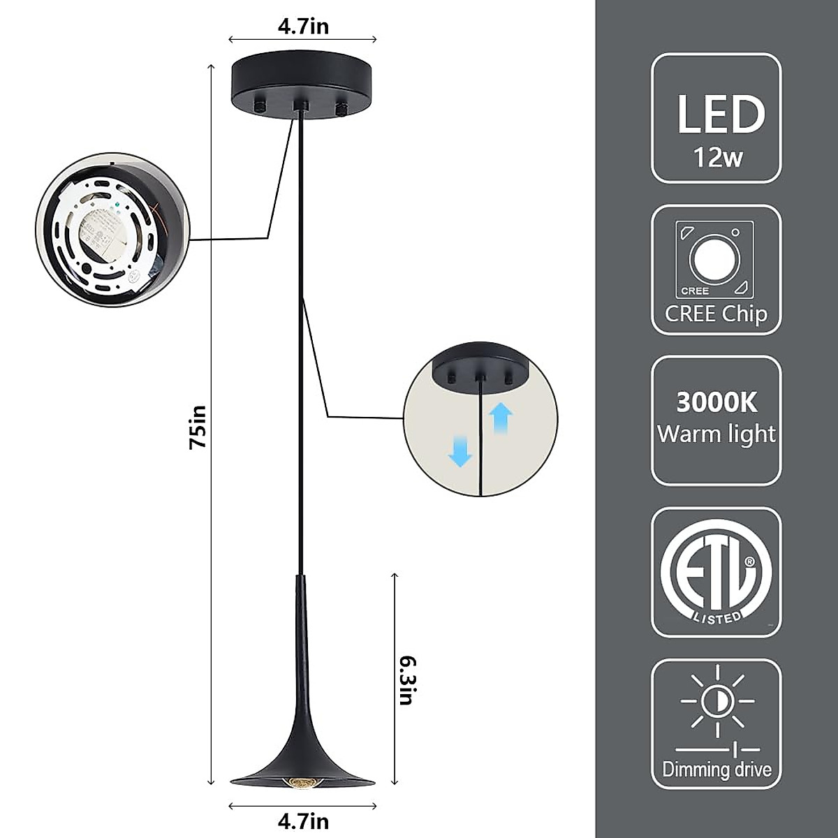 L.JUJAM Black Pendant Light for Kitchen Island, Mordern LED Dimmable Pendant Light Fixtures, Modern Hanging Pendant Lighting with 12W Kitchen Lights Island Dining Room Bathroom Bar (1-Light)