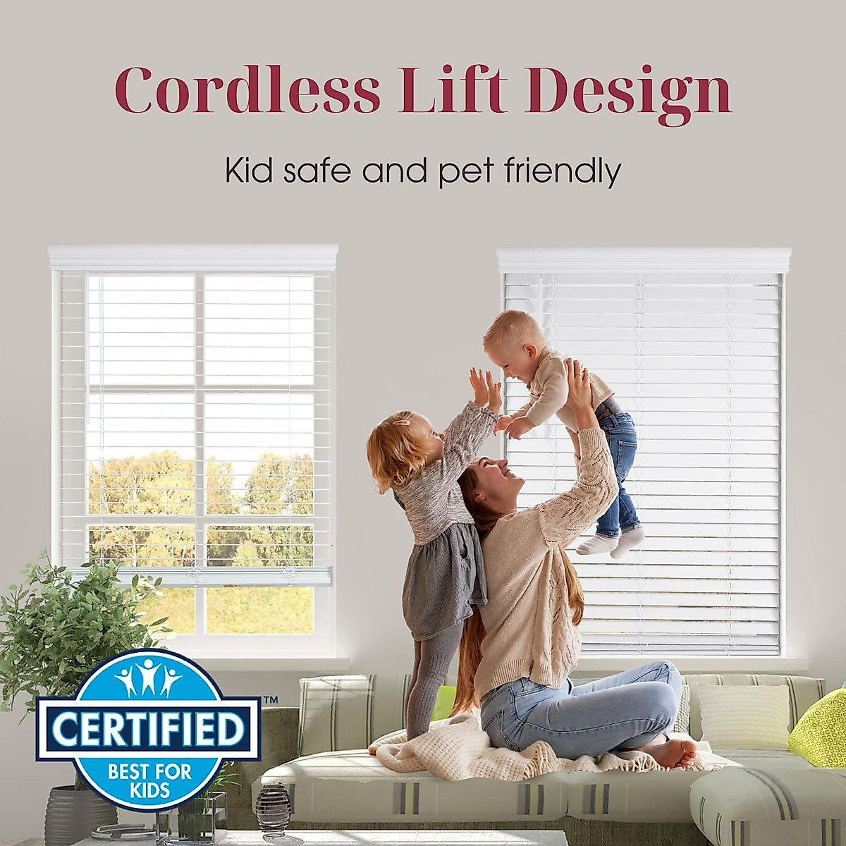 ARLO BLINDS Faux Wood Blinds with Crown Valance - 34.25" W x 60" H, White Cordless 2 Inch Horizontal Blinds - for Bedroom, Bathroom, Living Room, Glass Door Interior Windows