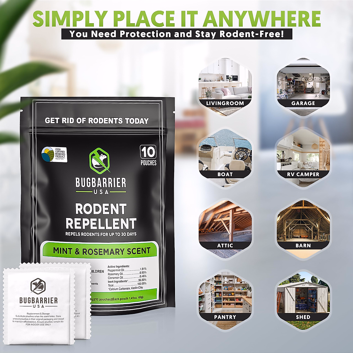 BugBarrier's Extra-Strength Mouse Repellent Pouches, USDA 99% Biobased, Peppermint & Rosemary Oils Repel Mice Nesting & Freshen Air in Car, RV, Boat, Garage, Shed, Cabin Made in The USA (Pack of 10)