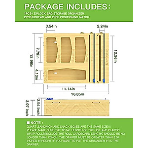 Bamboo Ziplock Bag Storage Organizer, 6 In 1 Foil and Plastic Wrap Organizer for Kitchen Drawer, Uamector  Aluminum Foil Dispenser with Cutter, Compatible within 12" Roll 