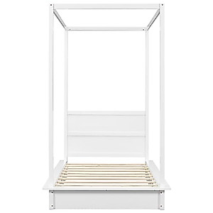 BOVZA Twin Size Canopy Bed Frame with LED Lights and Headboard, Wooden 4-Post Canopy Platform Bed with Support Slats, No Box Spring Needed, White