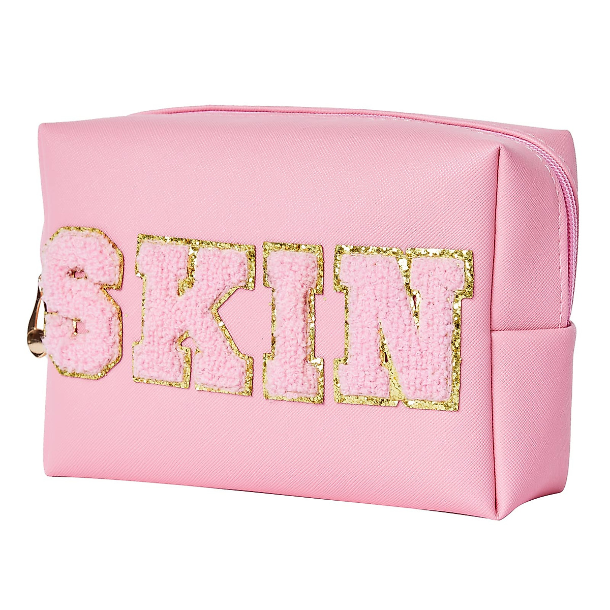 Burskit Preppy Patch Skincare Bag Travel Makeup Bag Varsity Letter Cosmetic Toiletry Cute Bag for Teen Girls PU Leather Portable Zipper Pouch Storage Purse Waterproof Organizer (Pink)