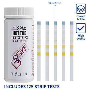BOSIKE 6 in 1 Hot Tub Test Strips - 125 ct - Water Testing Kit for Swimming Pool & Spa - Tester for Hardness, Total & Free Chlorine, Bromine, Alkalinity & pH
