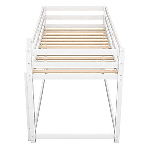 ZJIAH Solid Wood Twin Over Twin Floor Bunk Bed w Ladder, Safety Guard Rails, 400LBS Wooden Twin Bunk Beds for Teens/Adults, Low Bed Frame Bedroom Furniture, No Box Spring Required, White