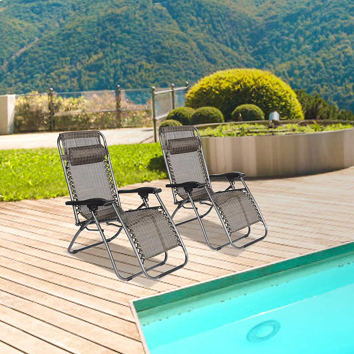 LUCKYERMORE Adjustable Textilene Zero Gravity Chairs Set of 2, Diamond Design Outdoor Folding Reclining Lounge Chair with Pillow, Hold up to 300 LBS, Patio Recliners for Pool Beach, Grey and Brown