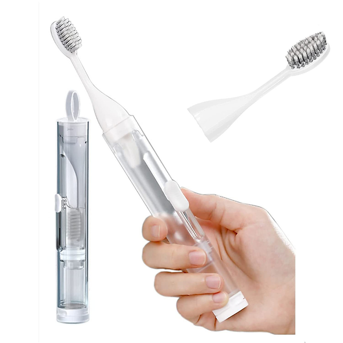 FSEN Portable Travel Toothbrush， 3 in 1 with Travel Case and Extra Soft Bristles and Built-in Refillable Toothpaste Tube kit,Camping Travel Essential Accessories