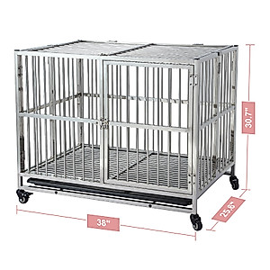 38" Heavy Duty Indestructible Dog Crate Steel Escape Proof Dog Cage Kennel for Small Medium Large Dogs Indoor Double Door High Anxiety Dog Crate with Wheels, Lock& Removable Tray, Silver (38 Inch)
