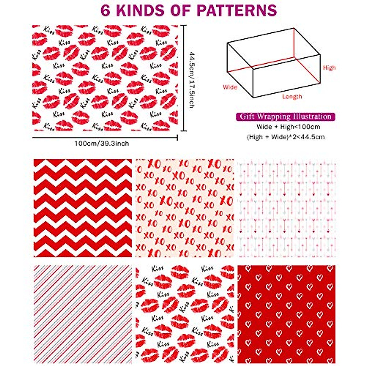 WRAPAHOLIC Wrapping Paper Sheet - Red and Pink Design for Valentine's Day, Birthday, Holiday, Wedding, Baby Shower - 1 Roll Contains 6 Sheets - 17.5 inch X 39.3 inch Per Sheet