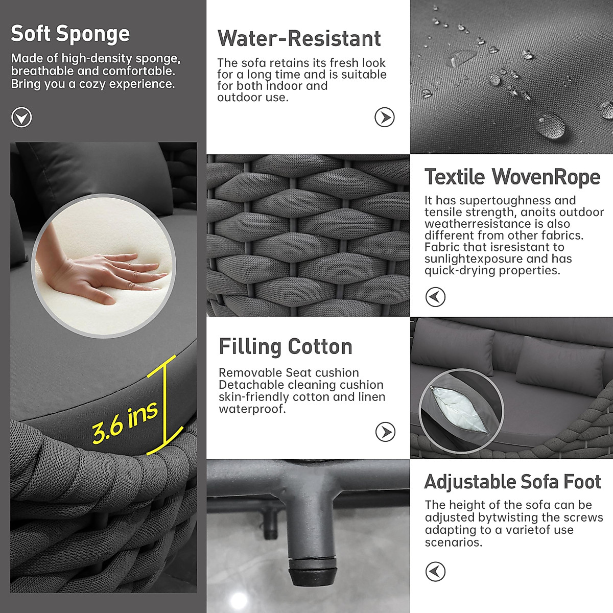 Vmopu Patio Sofa Set for Outdoor and Indoor Use All-Weather Textilene 4 Pieces Conversation Set, Sectional Sofa and Coffee Table Aluminum Frame Garden Furniture, Dark Gray