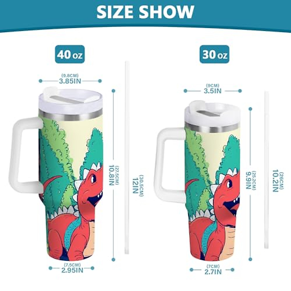 Nexawaveo Dinosaur with Boys Tumbler With Handle And Straw 30-40oz Insulated Tumbler Cups With Lid Stainless Steel for Cold Water and Drinks for School Work Sports Car Travel and Weekends