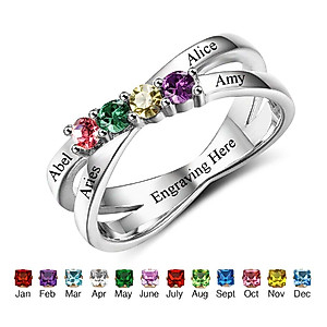 GLAMCARAT Personalized 925 sterling stacking Silver Ring mothers ring with 4 Four Birthstone Custom name Ring with 4 Stones Family Engraved Ring Personalized Jewelry for Women (7)