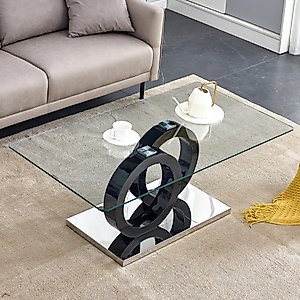 Tempered Glass Coffee Table for Living Room, Rectangular Center Table with MDF Table Legs, Modern Minimalist Cocktail Table for Small Space, Apartment, Office (Black, O-Shaped Base)