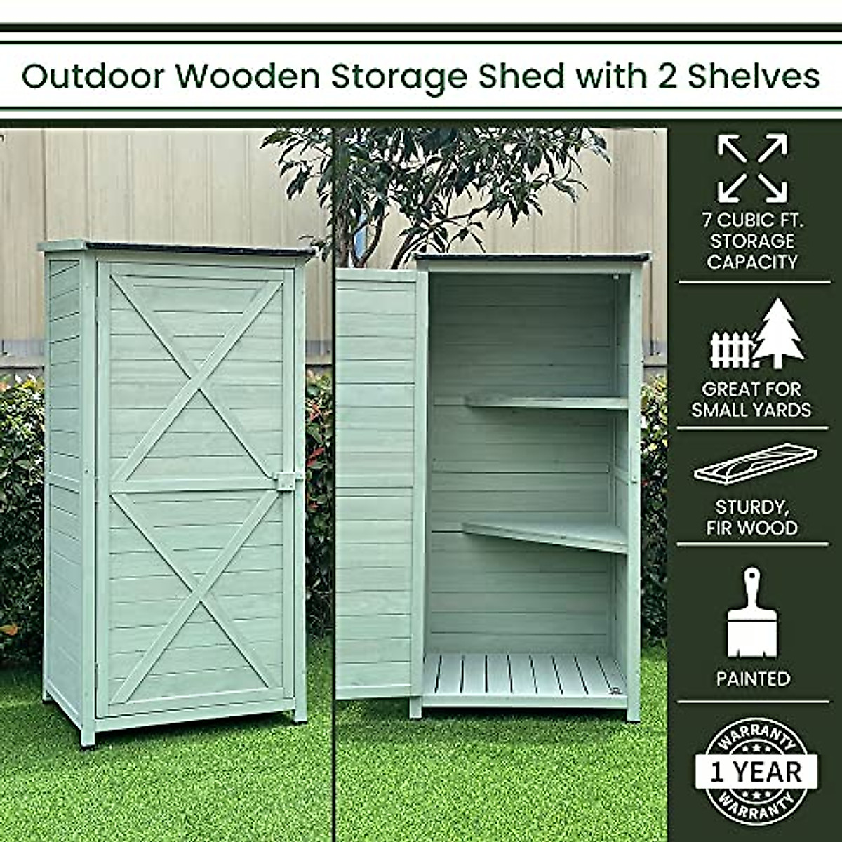 Hanover Vertical Green Wooden Shed with Shelves and Sloped Waterproof Roof with 7-Cu.Ft Storage Space (1.7'x2.25'x4.7'), Outdoor Storage Unit for Organizing Garden Supplies, Patio Accessories & Tools