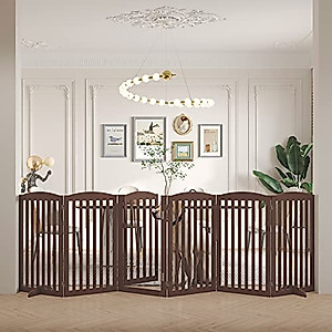 BHG No-Assembly Freestanding Dog Gate with Door, Extended Wide 120" Tall 36" Wooden Pet Gate, Accordion Folding Playpen Fence, 2PCS Support Feet Included, for The House - Espresso