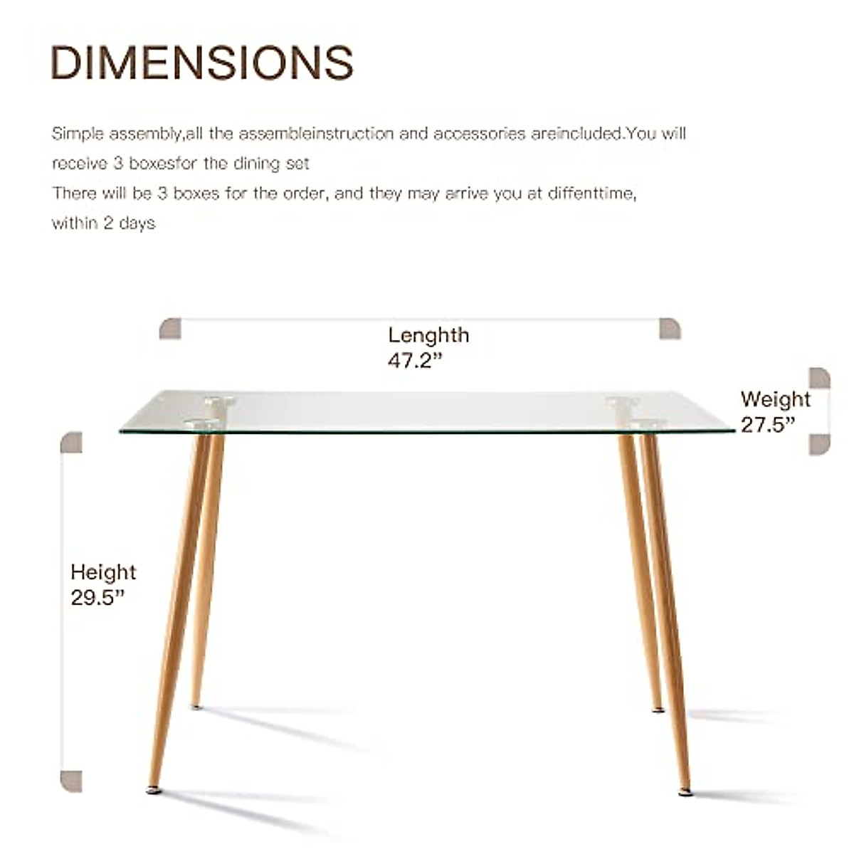 Glass Dining Table Rectangle - Glass Top Dining Room Table, Modern Clear Kitchen Table with Wooden Metal Leg, Rectangular Dining Table for 2 or 4 for Small Spaces Apartment Kitchen or Dining Room