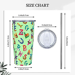 Green Animal Alphabet ABC Tumbler With Lid and Straw 20 Oz Travel Coffee Mug Reusable Food Grade Vacuum Water Glasses Thermal Cup Stainless Steel Insulated Coffee Cups for Ice Drinks and Hot Beverage