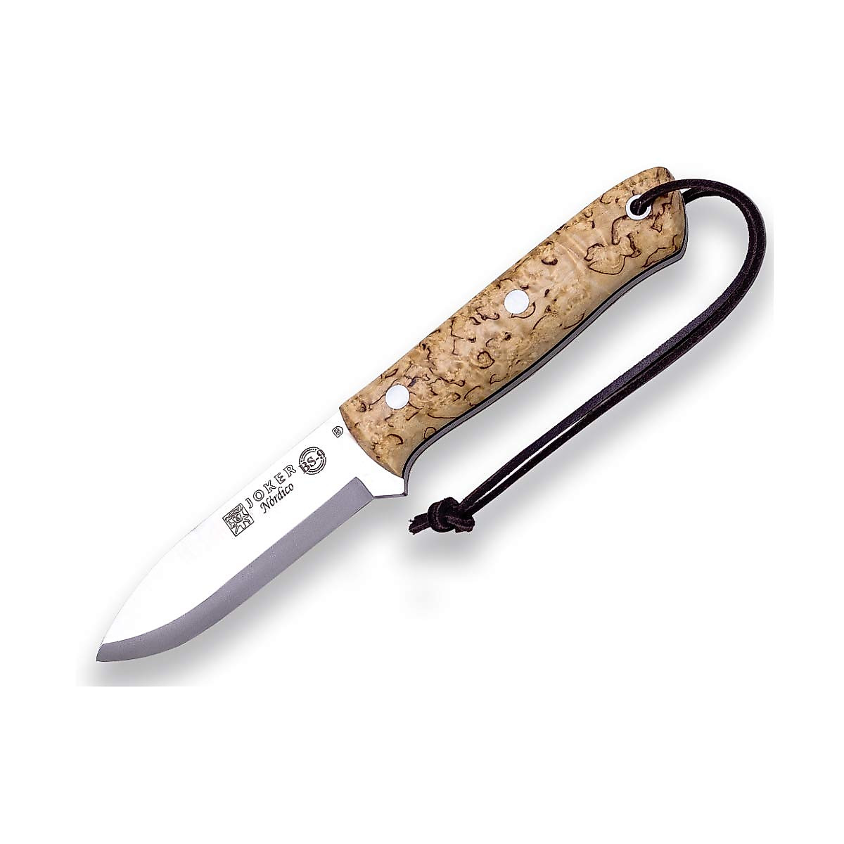 Joker Survival Knife Nórdico CL119, Curly Birch Wood Handle, 3.94 inches Böhler K720 Carbon Steel Blade, Includes Brown Leather Sheath, Tool for Fishing, Hunting, Camping and Hiking