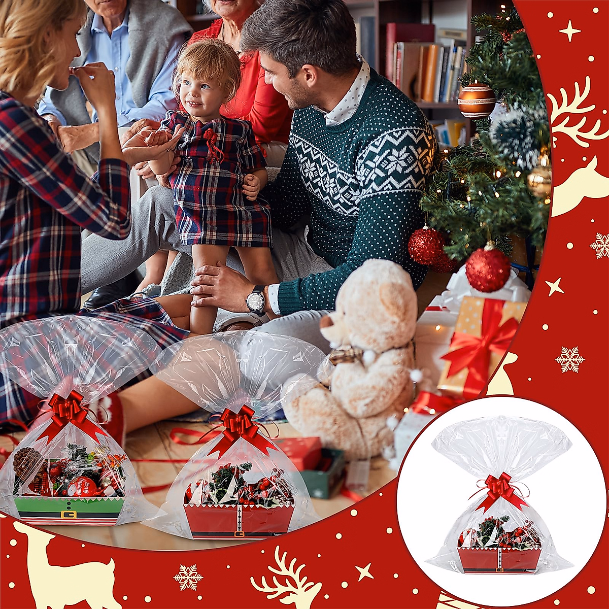 Cholemy 24 Pcs Christmas Gift Baskets Empty Kit Include 8 Santa Elf Belt Kraft Market Trays 8 Bags and 8 Bows Cardboard Baskets for Gifts Empty with Handles for Xmas Birthdays Weddings Anniversaries