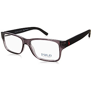 Polo Ralph Lauren Men's PH2117 Rectangular Prescription Eyewear Frames, Shiny Transparent Grey/Demo Lens, 52 mm