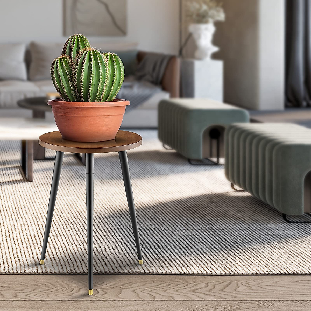 KINNARY Indoor Plant Stand, Mid Century Wood Plant Stand Plant Table for Flower Pots, Heavy Duty Metal Tall Plant Holder, Modern Home Decor Small Round Side End Table (11.8"x16")