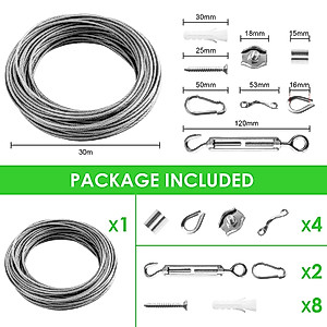 Vousile 98ft Clotheslines, Turnbuckle Wire Tensioner Kit with 3mm 30m Stainless Steel Wire Rope for Camping Travel, Strings Hanging, Shade Sails, Drying Clothesline