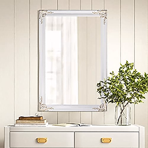 24x36 Inches White Wall Mirror, Wood Framed Rectangle Bathroom Mirror, Vintage Baroque Wall Mirror for Bedroom Bathroom and Living Room