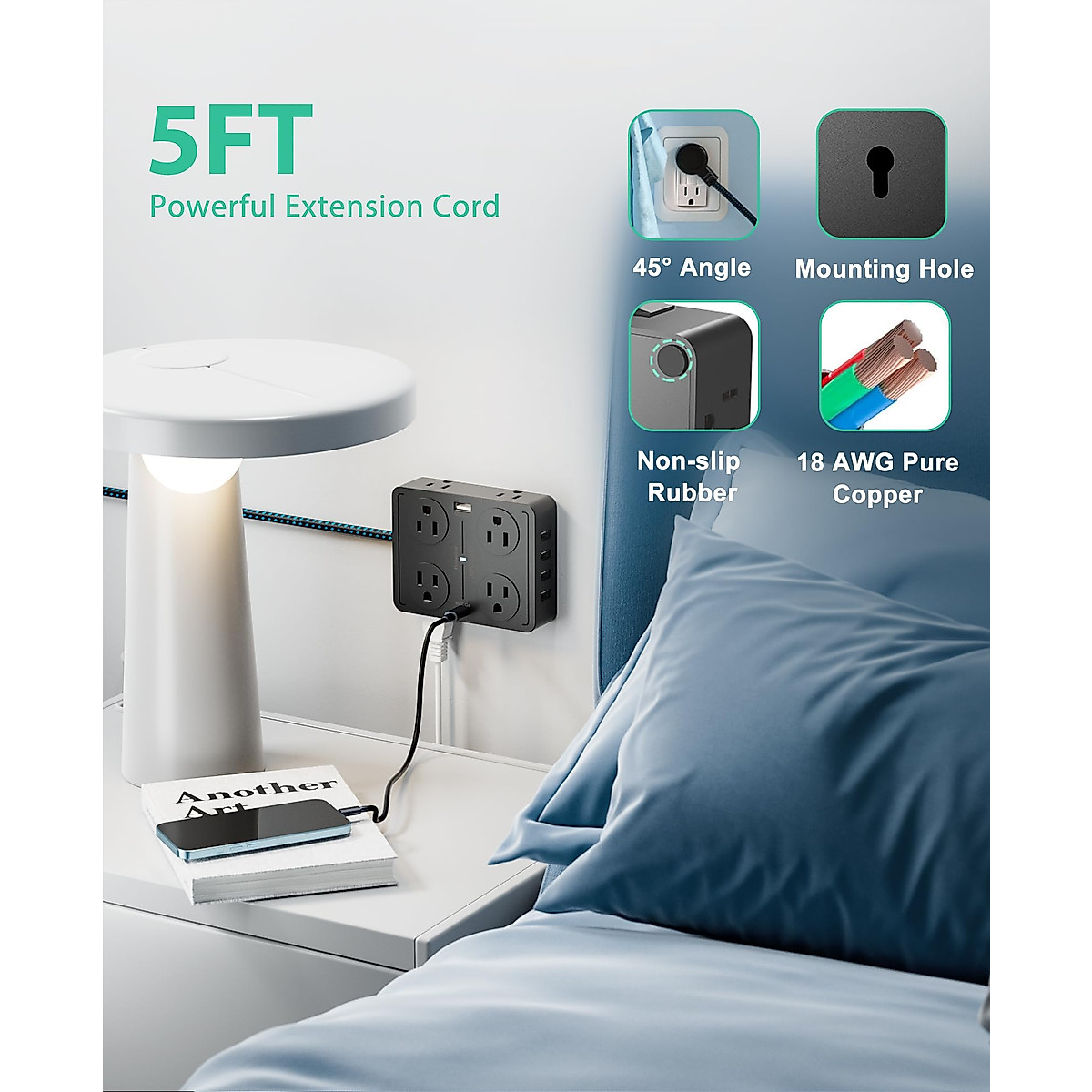 JUOYOU Power Strip Surge Protector - 8 Widely Spaced Outlets with 6 USB Ports(USB C 20W & USB A 20W), 3 Side Outlet Extender with Flat Plug Extension Cord 5 ft