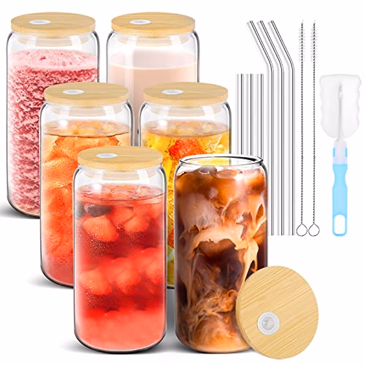 Verdenu 6 Pcs Glass Cups Set, 16oz Drinking Glasses with Lids and Glass Straws, Can shaped Iced Coffee Cup, Clear Beer Can Glass, Cute Tumbler Cup, Ideal for Gift, Homemade DIY Drink