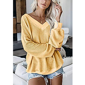 FEIYOUNG Women's Henley Sweater Shirts Slash V Neck Long Sleeve Loose Fit Pullover Tops Knit Tees (XX-Large, Yellow)