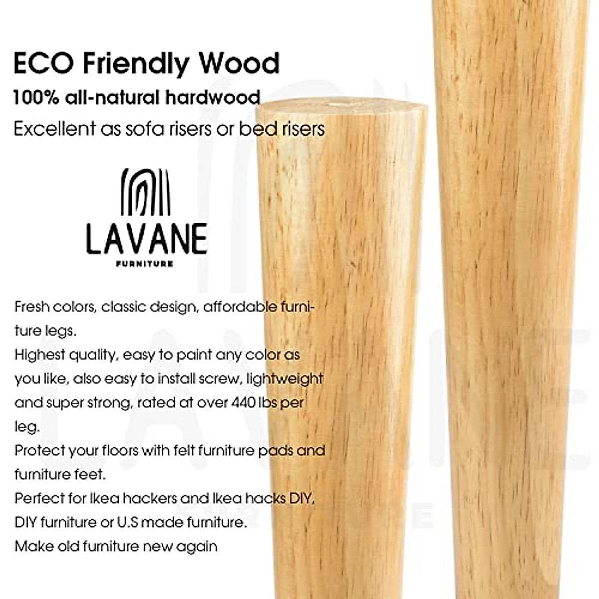 La Vane 6 inch / 15cm Wooden Furniture Legs, Set of 4 Solid Wood Tapered M8 Replacement Furniture Feet with Pre-Drilled 5/16 Inch Bolt & Mounting Plate & Screws for Couch Sofa Cabinet Ottoman