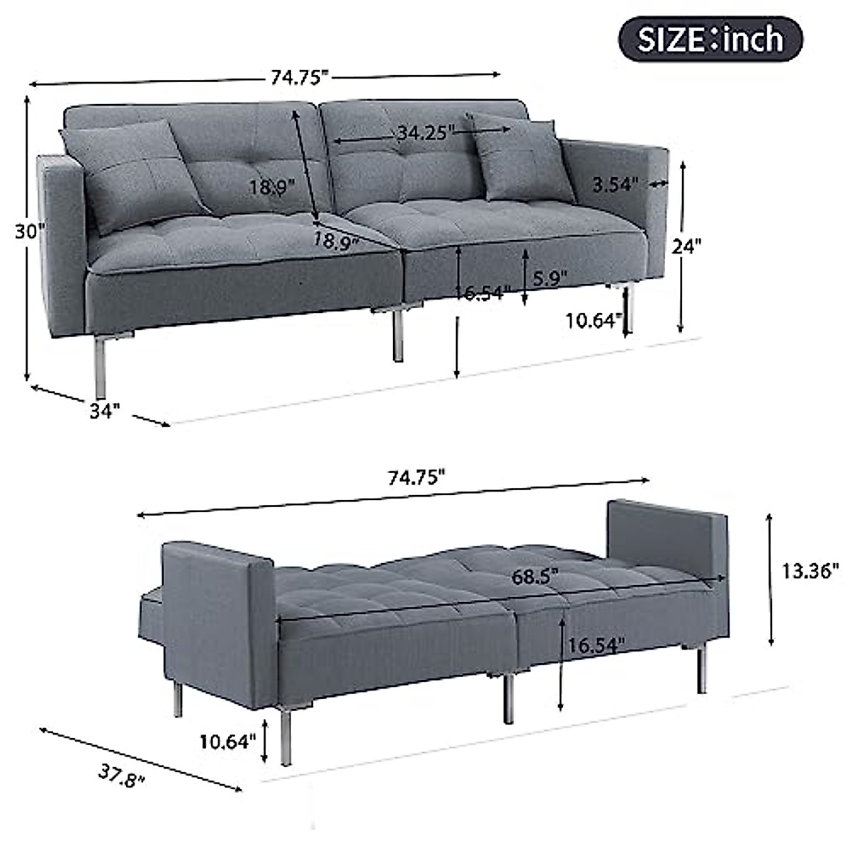 RIDFY Modern Upholstered Adjustable Folding Sofa Bed with Two Pillows and Metal Legs, Linen Fabric Futon Couch with Armrests for Living Room, Apartment, Dorm, Home, Office (Dark Gray)