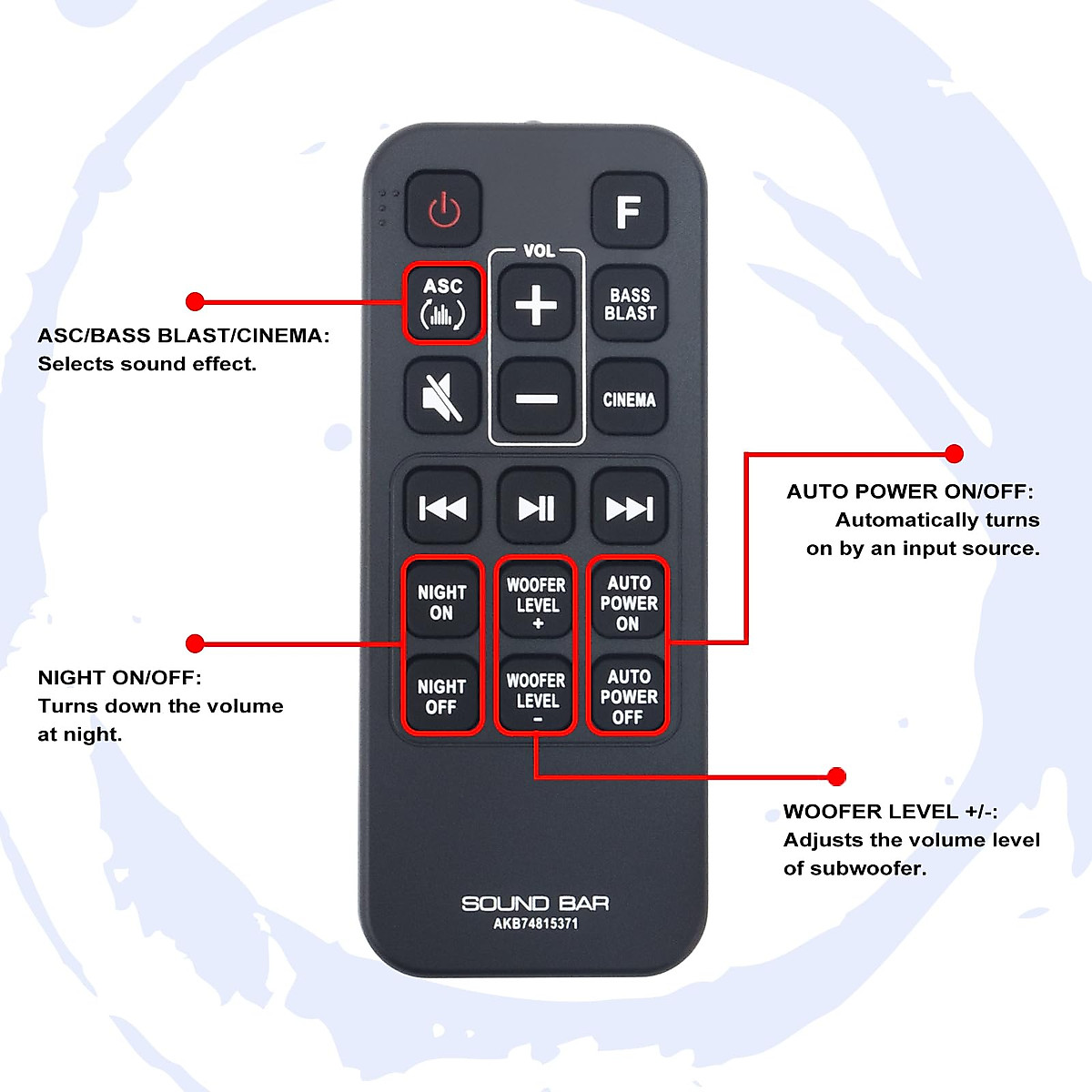 AKB74815371 Replacement Remote Fit for LG Wireless Sound Bar SK3D (SK3D, SPH4B-W) SK4D (SK4D, SPH4B-W) SJ4