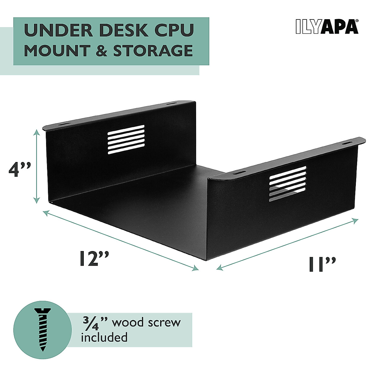 Ilyapa Under Desk CPU Mount, Steel Under Desk Computer Mount Vented Sides, Under Desk PC Mount, PC Wall Mount, Under Desk Laptop Mount Stand, Under Desk Mount Shelf for Storage Office Desk, 4x12x11