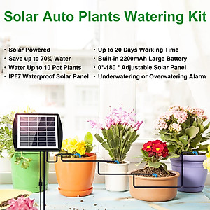Solar Auto Irrigation System, Solar Powered Drip Irrigation Kit with 2200mAh Battery & 6 Timer Modes, NVRGIUP Indoor Outdoor Automatic Self Watering System for 10 Potted Plants in Green House, Garden