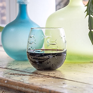 Rolf Glass School of Fish Stemless Red Wine Glass 16.75 oz | Made in the USA | Tumbler Wine Glasses | Lead-Free | Etched Stemless Wine Glasses (Set of 2)